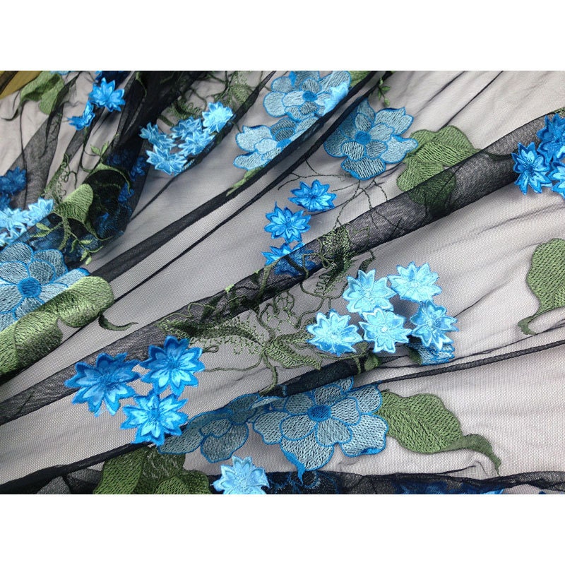 Black Tulle Embroidered Floral Lace Blue Appliqué Lace