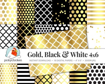 Gold Foil Digital Paper Gold Black & White gold glam dots