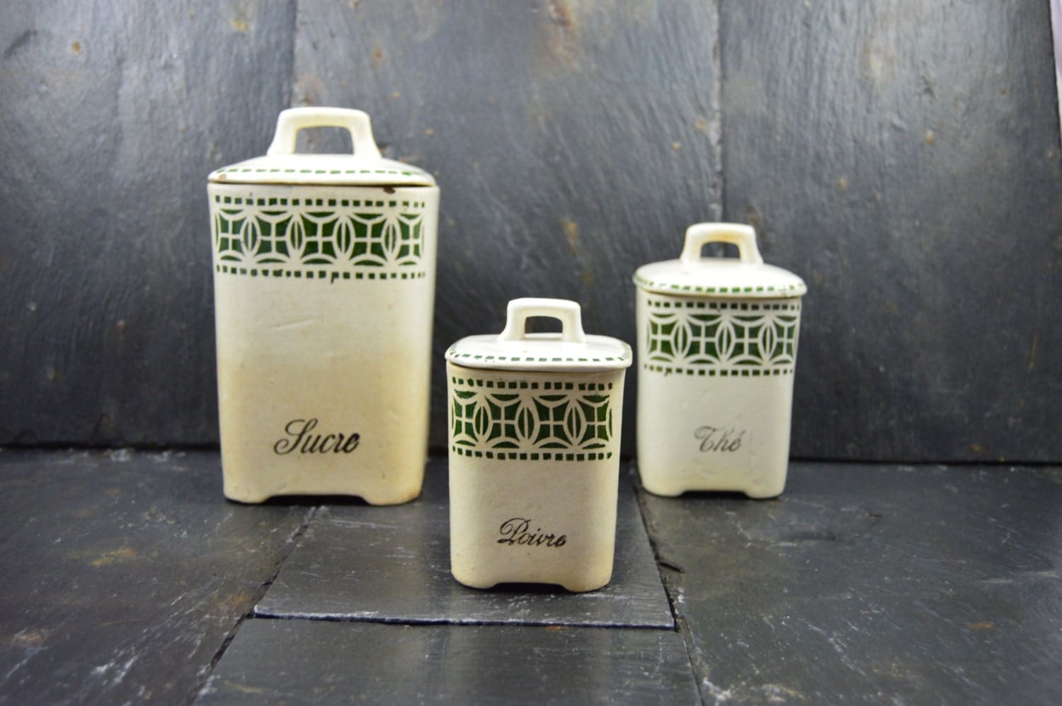 Vintage French set of 3 green Ceramic Canisters Storage Pots sugar Tea ...