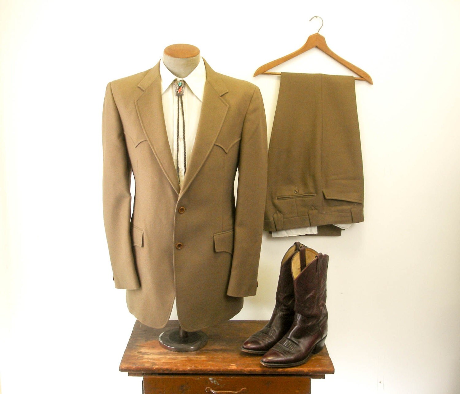 1970s 2 piece Western Suit Mens Vintage Brown Polyester Cowboy