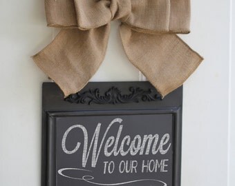 CHALKBOARD Welcome Sign Door Hanging Burlap Bow by ChalkitupDecor