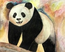 Original Watercolor Panda Painting 8x10 Colorful Abstract Background ...