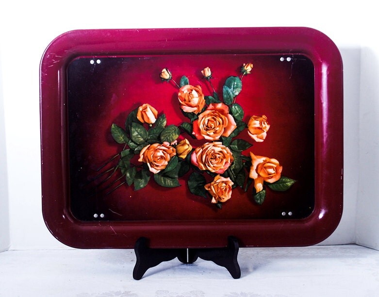 Vintage large tin Serving Tray, Breakfast in bed, Rose motif – Haute Juice