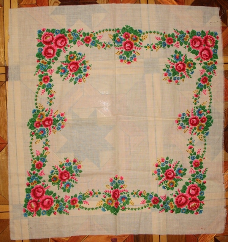 Vintage Ukrainian Soviet Russian Shawl Scarf Ivory Floral Head Kerchief ...