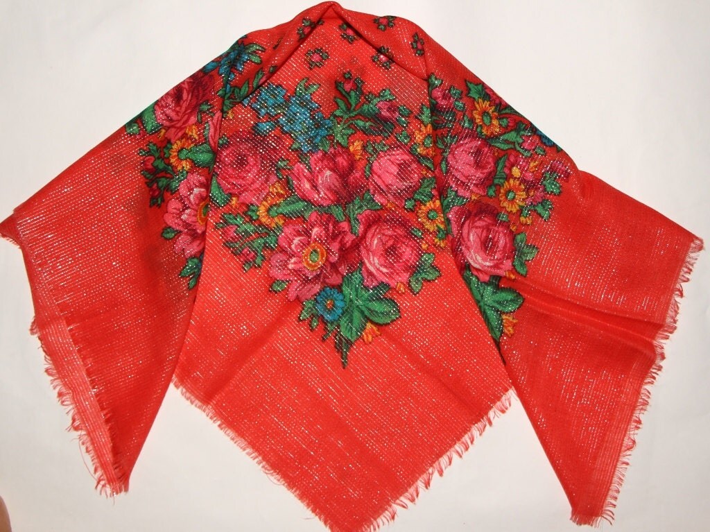Vintage Ukrainian Soviet Russian Shawl Folk Art Scarf Wool Blend With ...