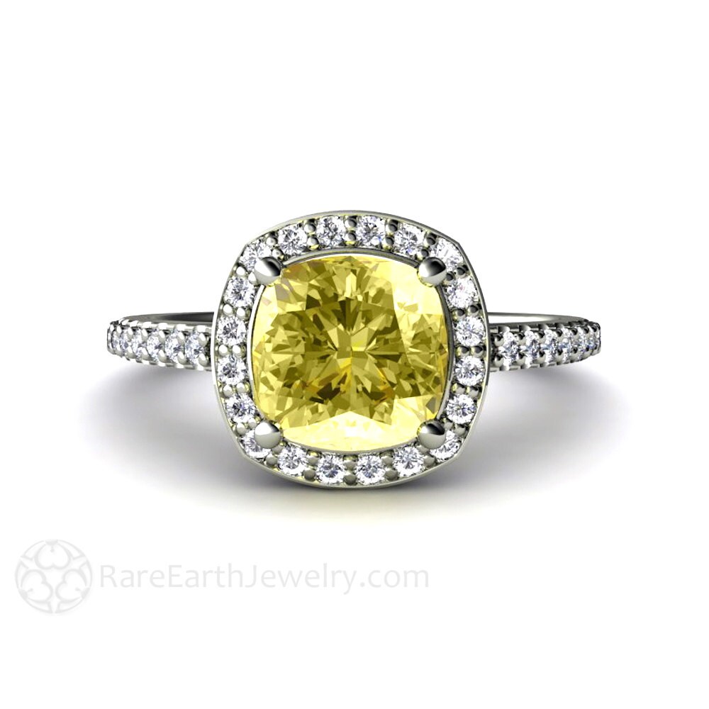 Cushion Lemon Quartz Ring Diamond Halo Engagement Ring Lemon