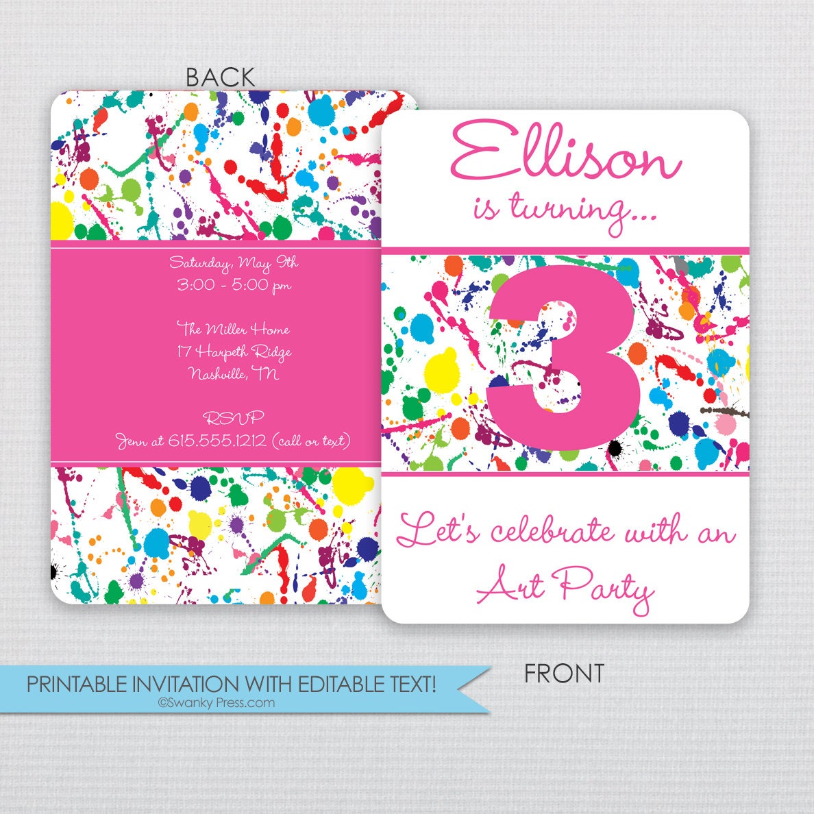 Paint Splatter Art Party Invitation Instant Download