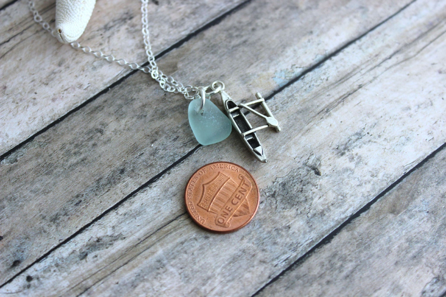 Sterling Silver Canoe Charm Necklace with Sea by BeachCoveJewelry