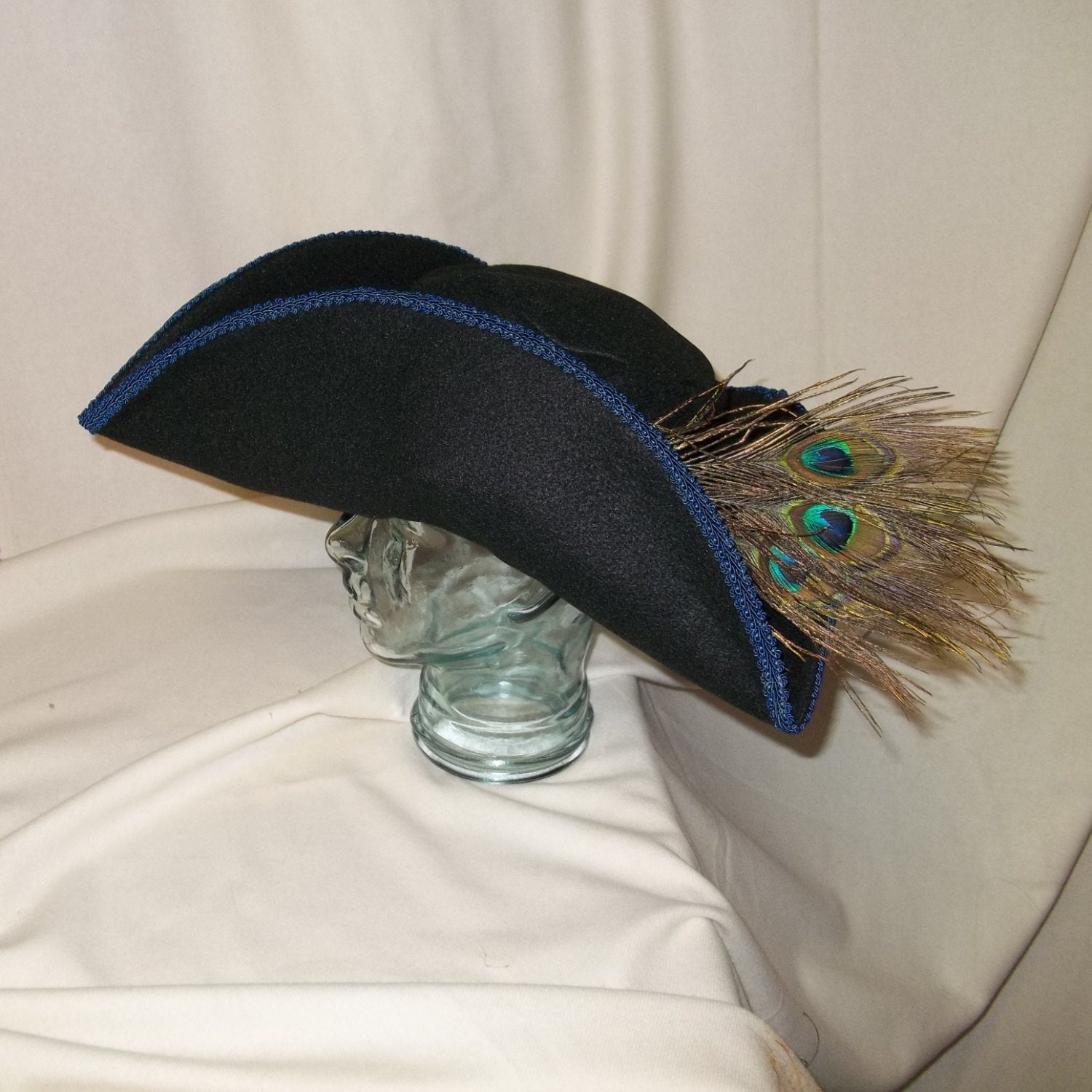 Black Felt Pirate Hat Classic Tricorn with Blue Trim and