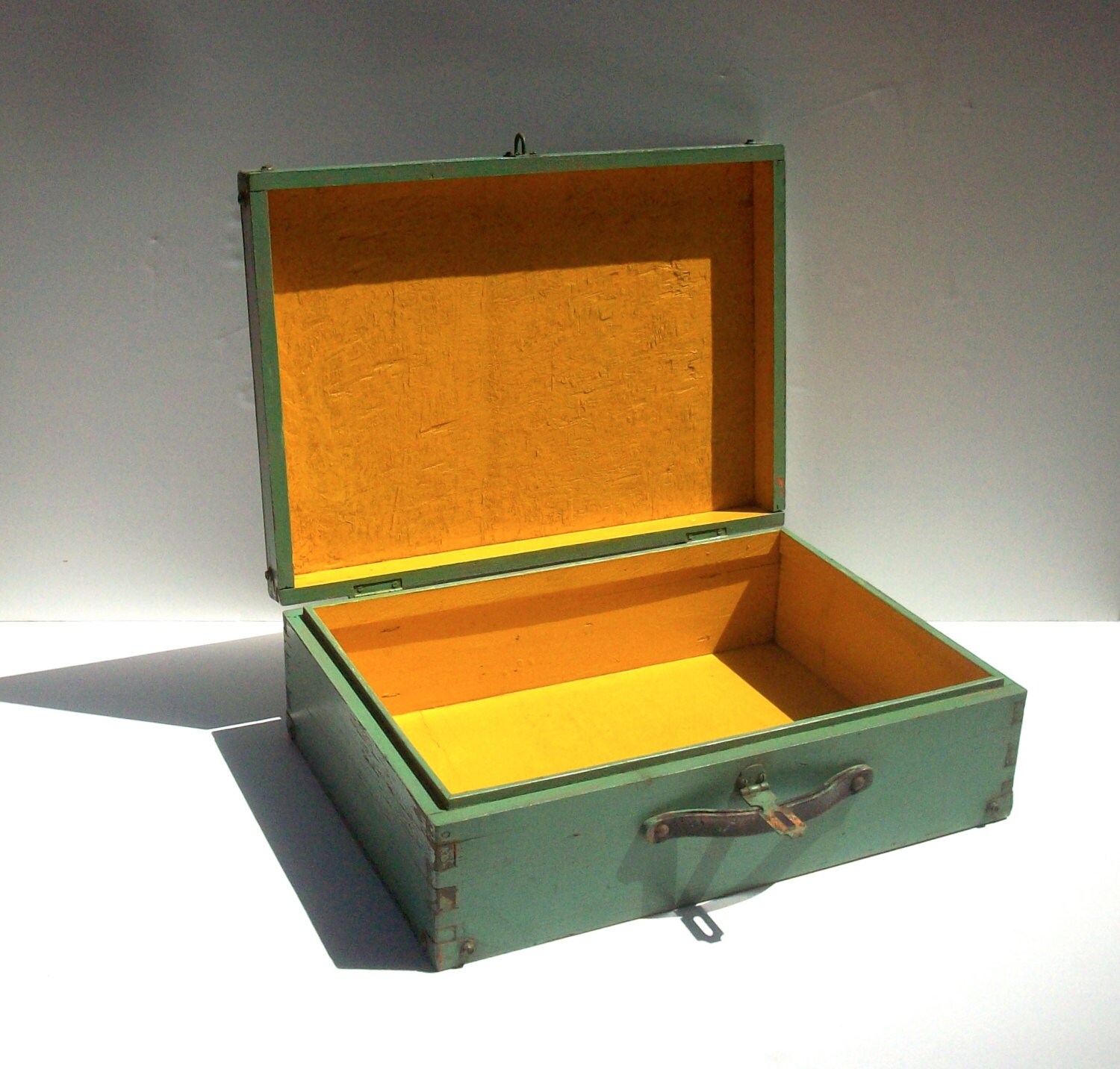 Vintage Industrial Painted Wood Box with Leather Handle and Lock Latch ...