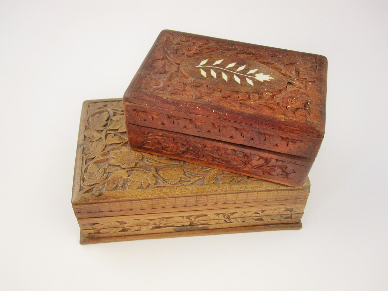 Two Carved Wood Boxes – Boxes With Carvings – Bone Inlaid Flower ...