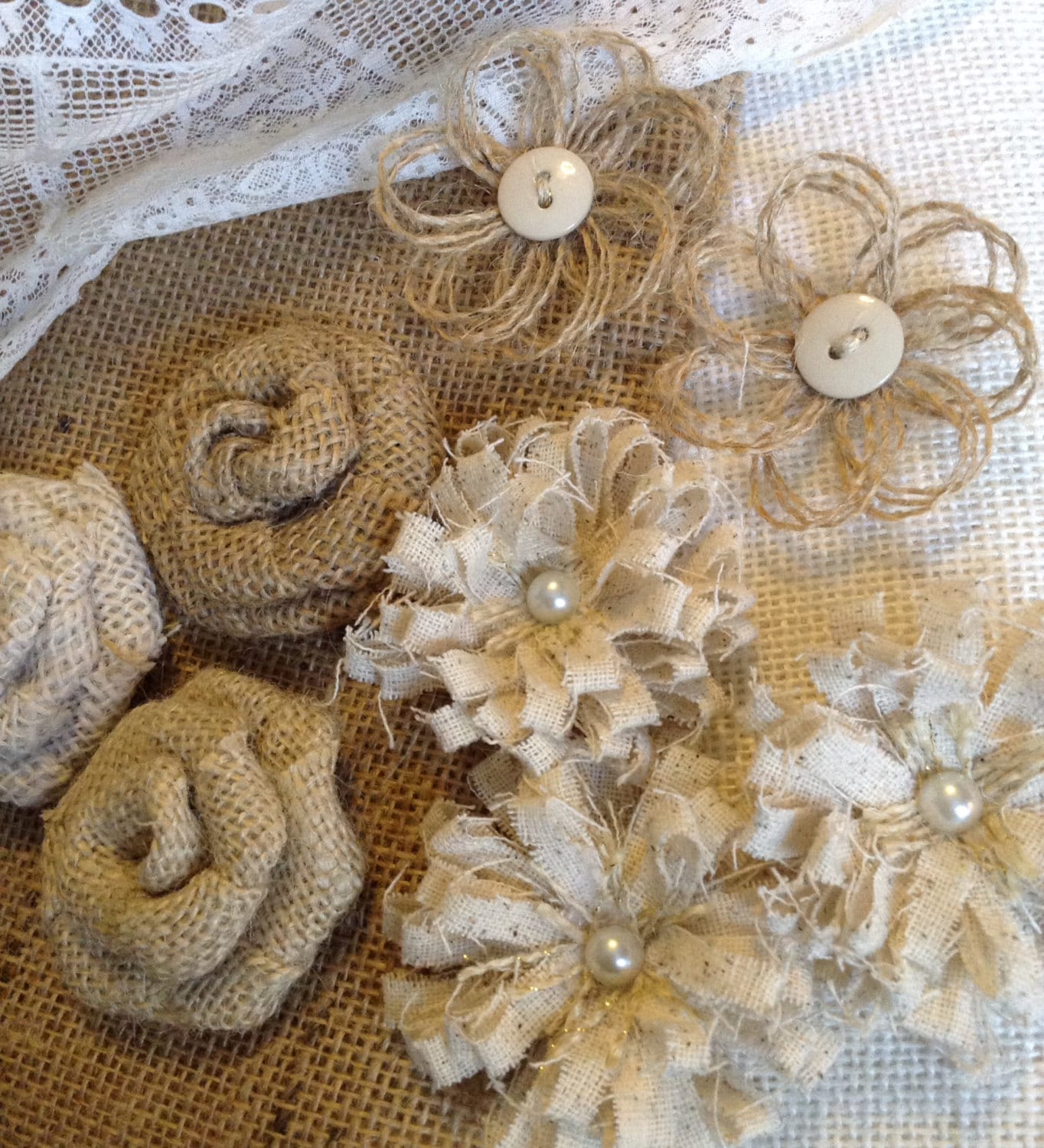 Mini Burlap 2 Flower Assortment of 8 Rustic Handmade