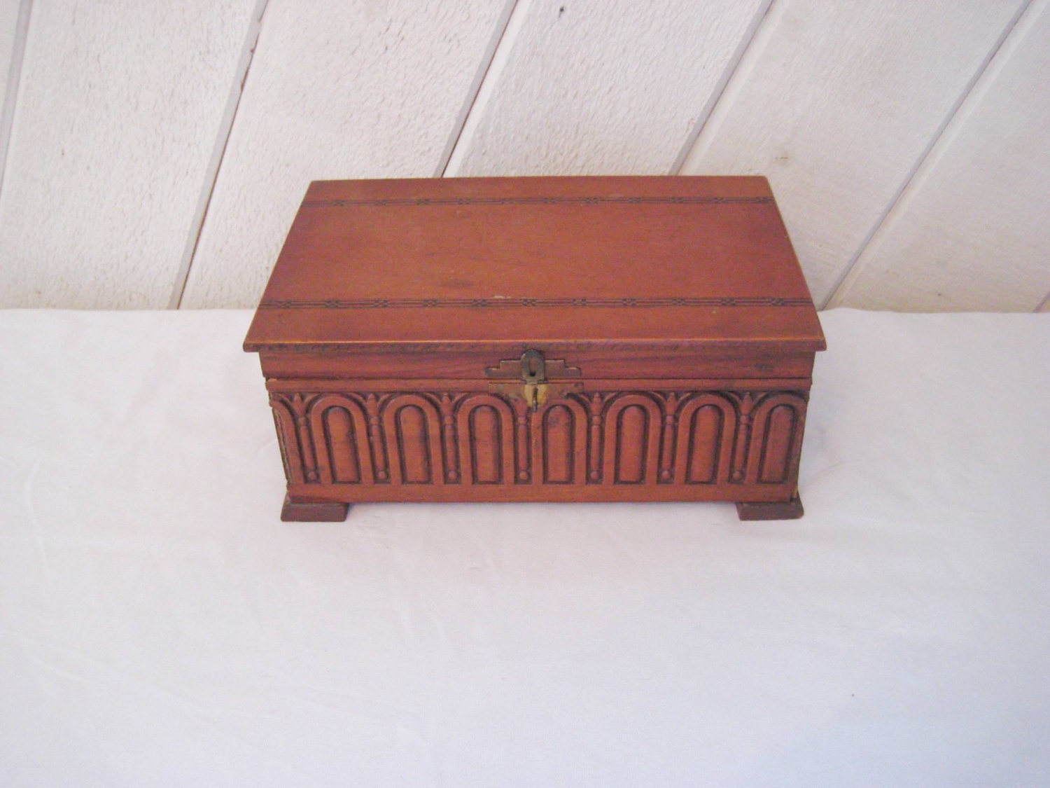 Rustic hand carved box with hinge lid, brass latch, black inlayed top ...