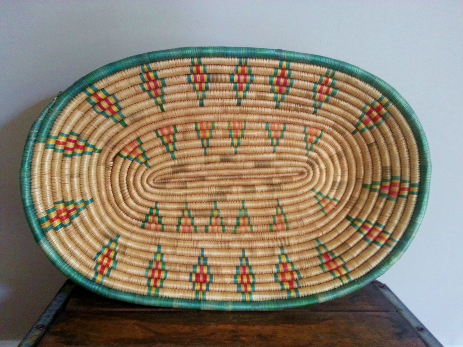 Vintage Hand Woven Coiled Footed Oval Basket Bowl Serving Tray Native ...