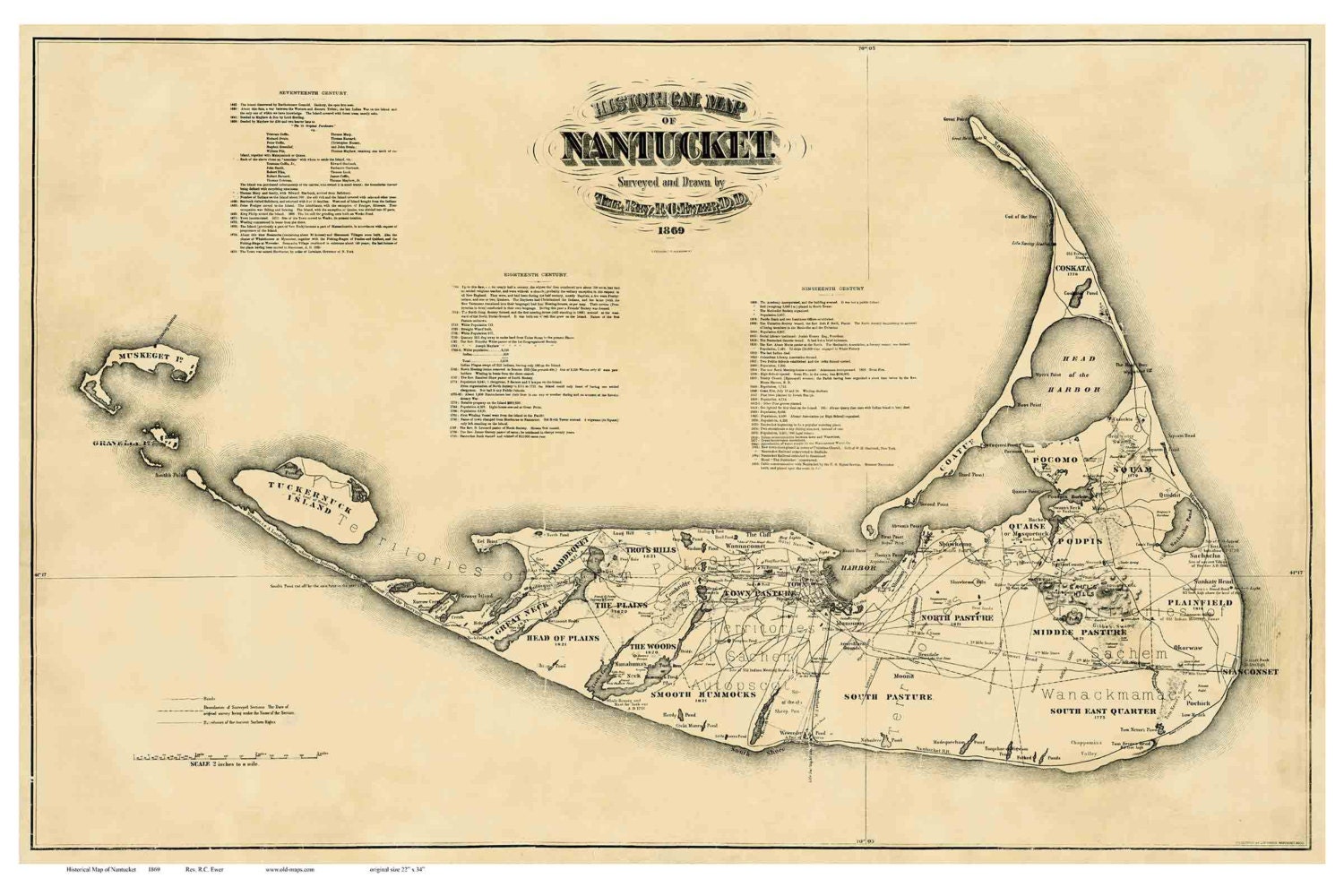Nantucket 1869 Map Historical Facts Ewer Reprint by Oldmap