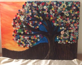 Items similar to Button Tree 12" x 12" acrylic, button collage on Etsy