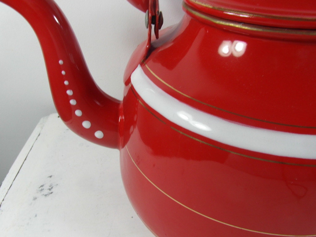 Large red and white enamelware kettle French by vintagefrenchdream