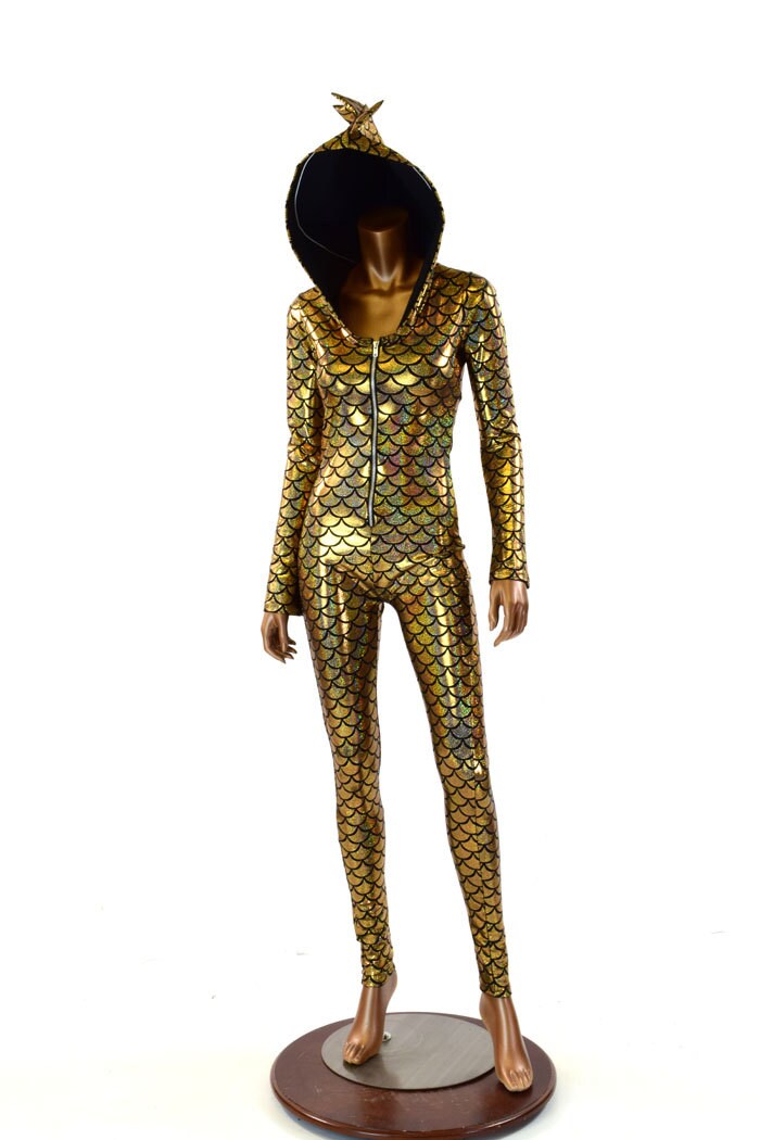 Gold Dragon Scale Zipper Front Long Sleeve Dragon Spike Hooded