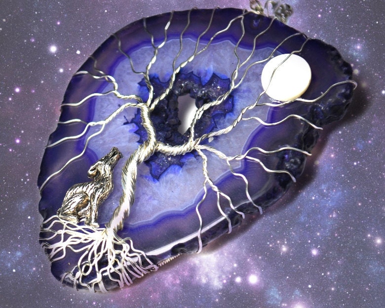 Howling Wolf Tree of Life Howl at the Moon Purple Agate Slice