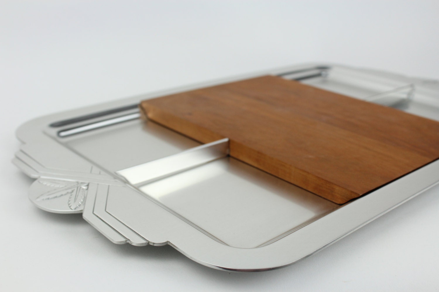 Vintage Art Deco Serving Tray, Divided Appitizer Platter, Walnut Wood ...
