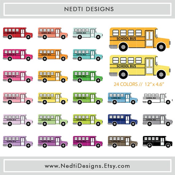 24 School Buses Colorful Rainbow Color Clipart School Bus