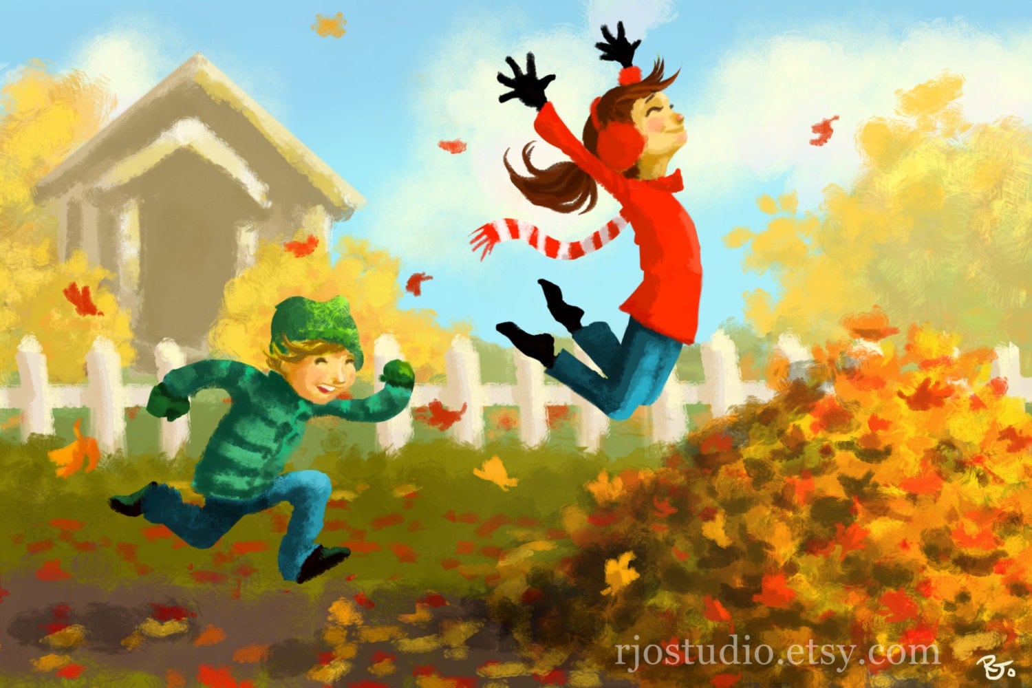Leaf pile jumpers kids jumping in leaves fall themed art