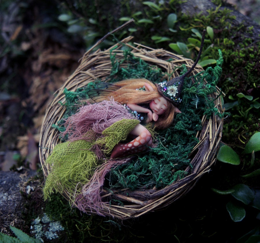 Tiny Sleeping Woodland Fairy in Nest by Celia Anne Harris OOAK