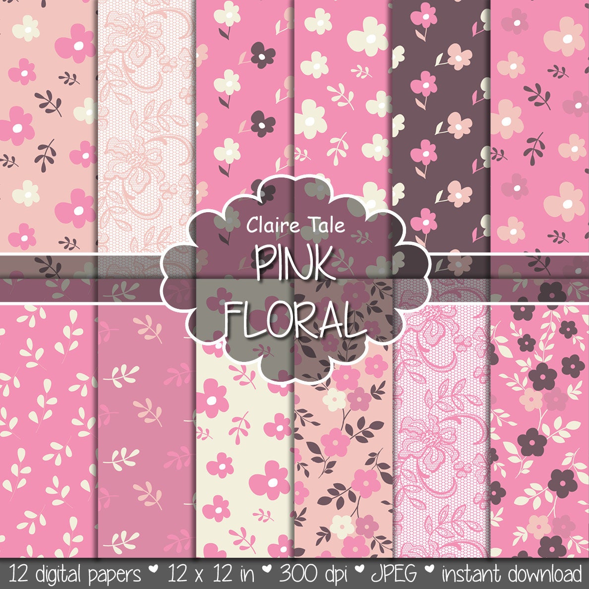 Flower digital paper: PINK FLORAL PAPER pink