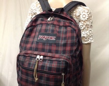 Free Ship Jansport Backpack Leather Bottom Plaid Red Black