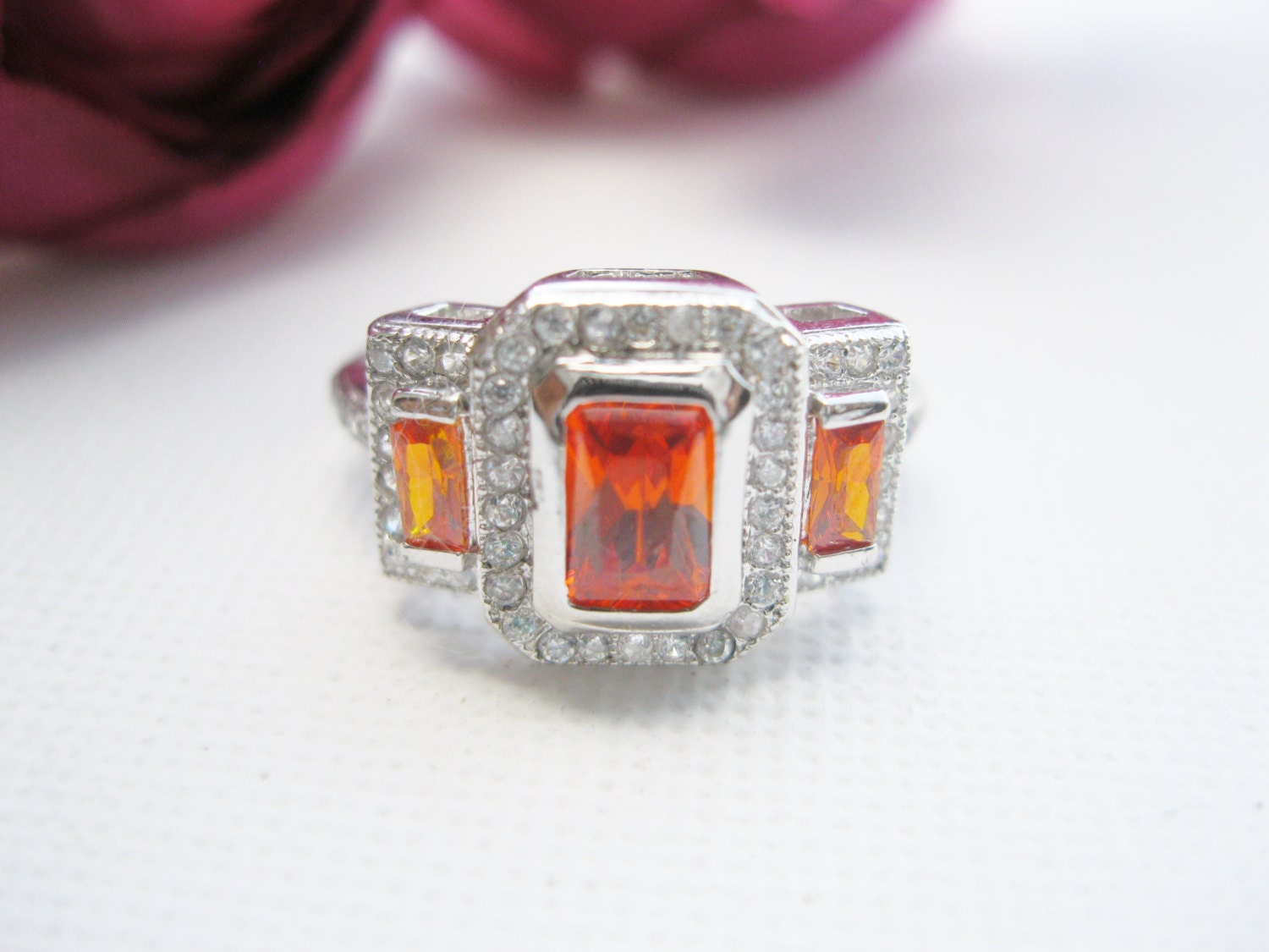Orange Topaz Rhinestone & CZ Engagement Ring Vintage