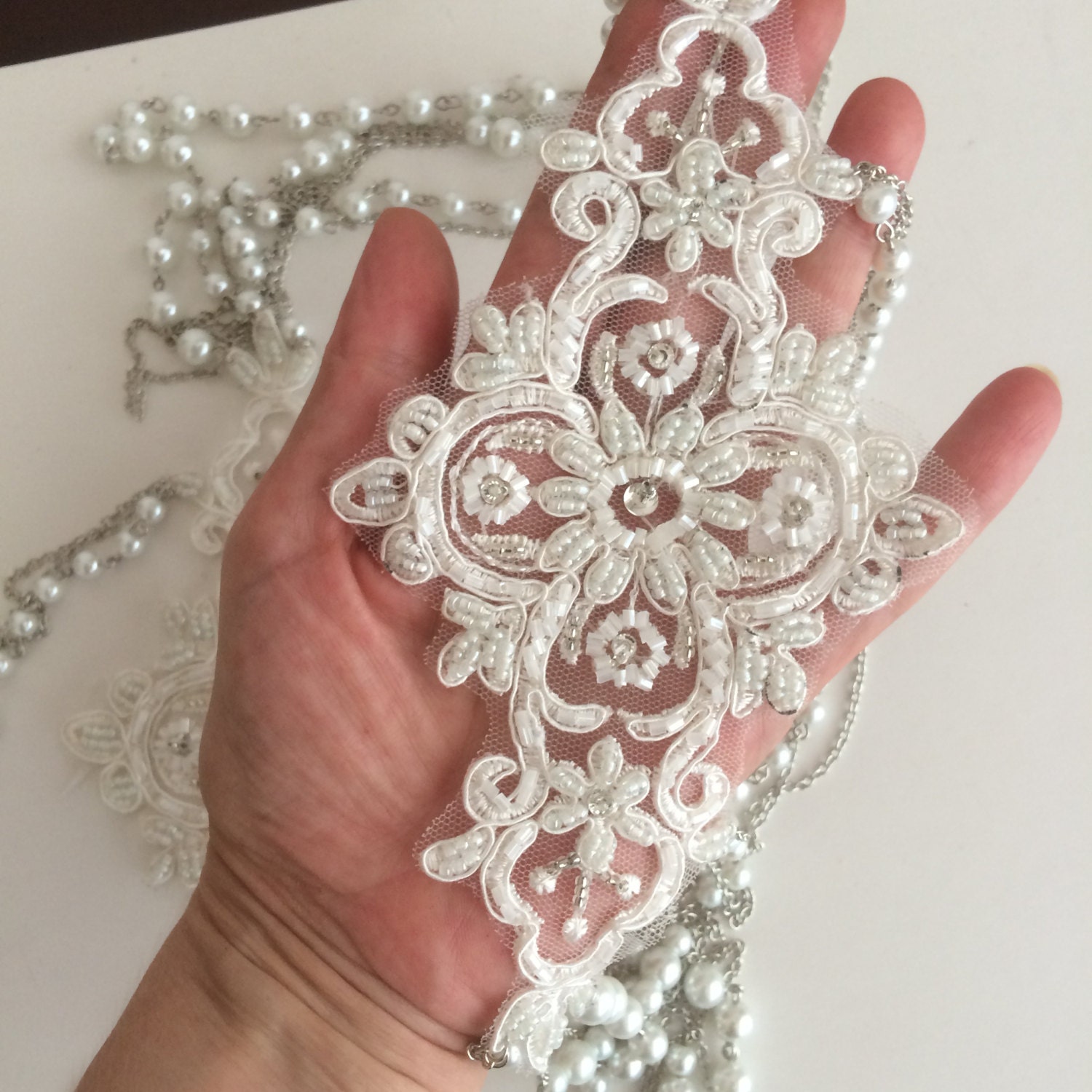 White lace Multi Strand White Pearl and Silver Chain by WedWorld