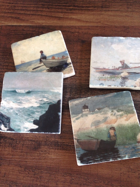 Coasters On the Water stone coaster set beach house lake