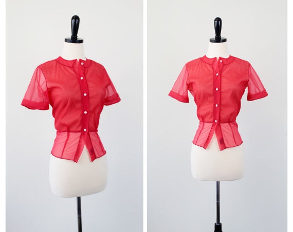vintage 1940s 1950s blouse // 50s Sheer Cherry Red Blouse with Darling ...