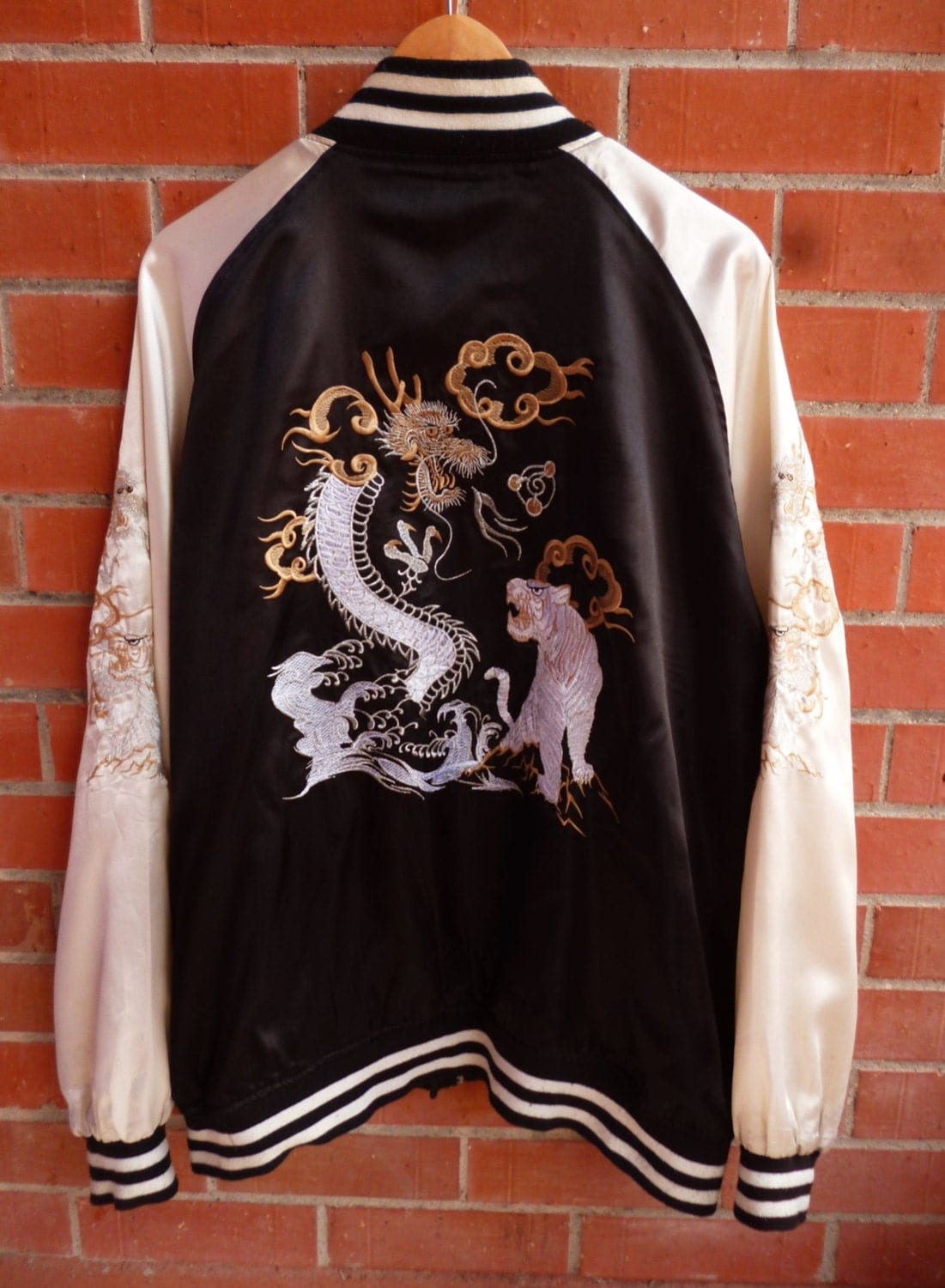 Rare Vintage Japan Tiger Dragon Yokosuka Black Satin Sukajan Emboidered ...