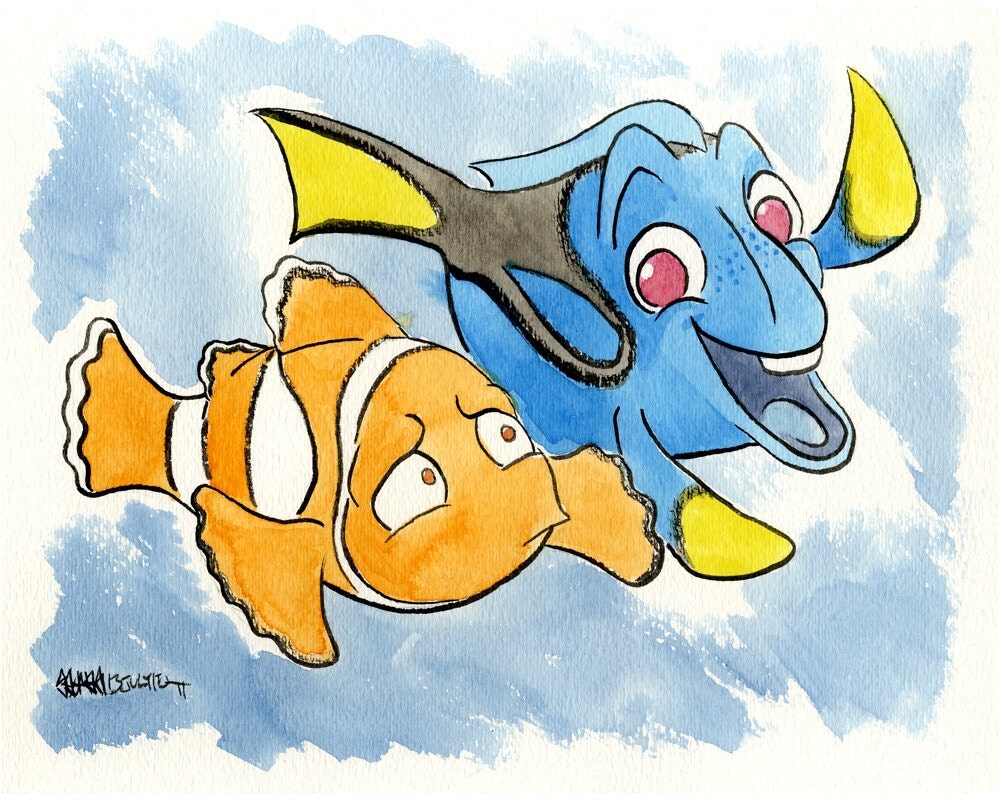 Finding Nemo Marlin and Dory Original Ink and Watercolor
