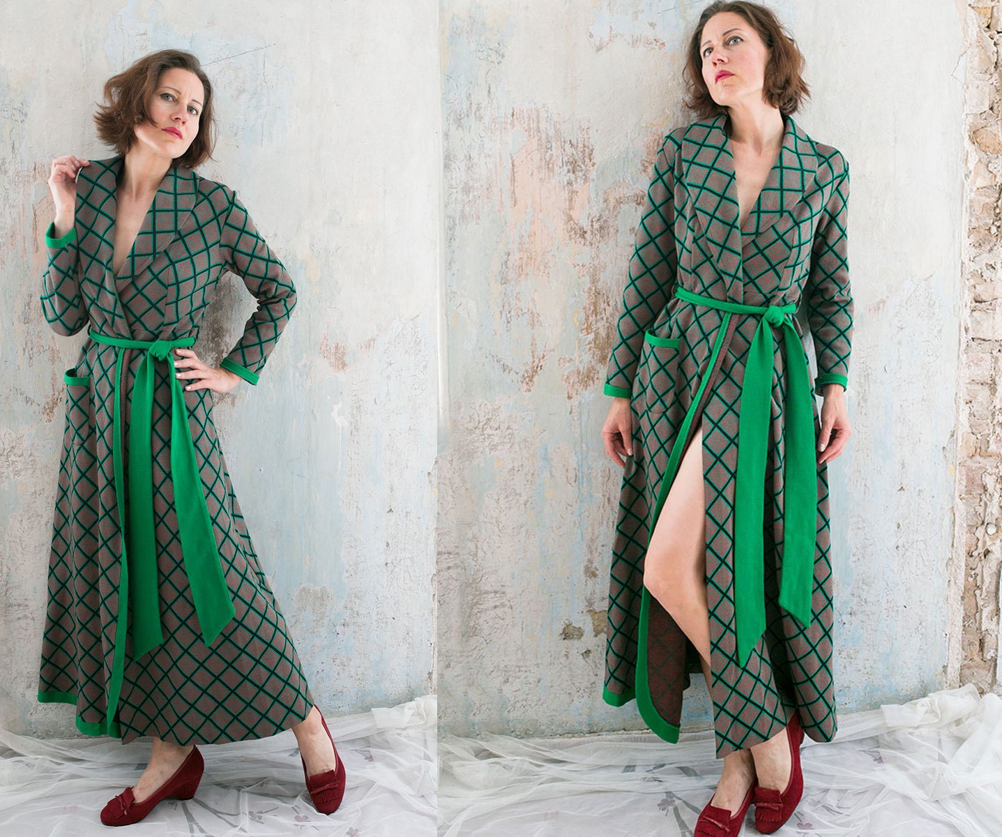 Vintage 70s woman bath robe cover up / collar green brown abstract ...