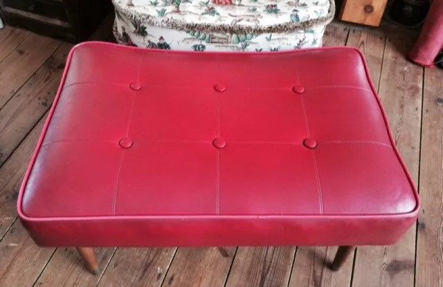 Vintage Retro 60s 70s Red Vinyl Bottoned Footstool. Teak Atomic Legs ...