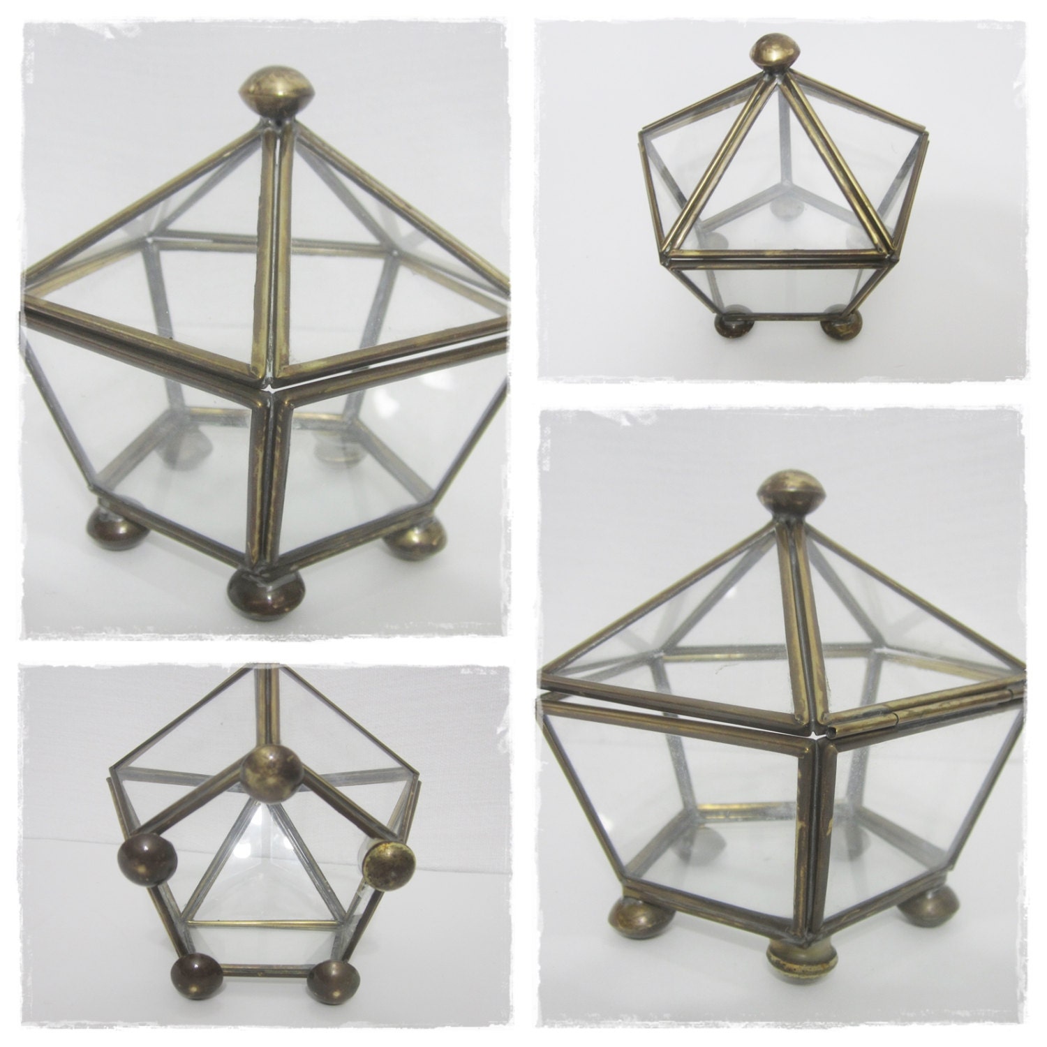 Brass and Glass Box, Display, Pentagon Shaped, Dome Lid, Vintage ...