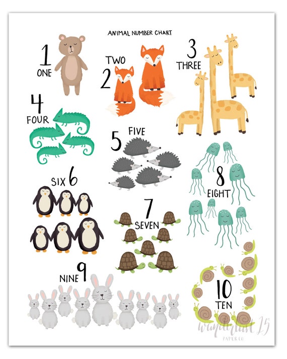 Animal Number Chart 1-10 art print illustration