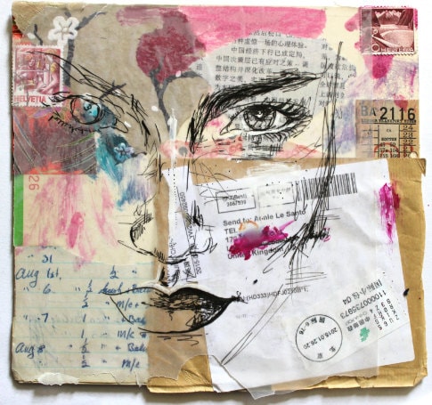 ORIGINAL Mixed Media Collage Pen Drawing Portrait Model Woman