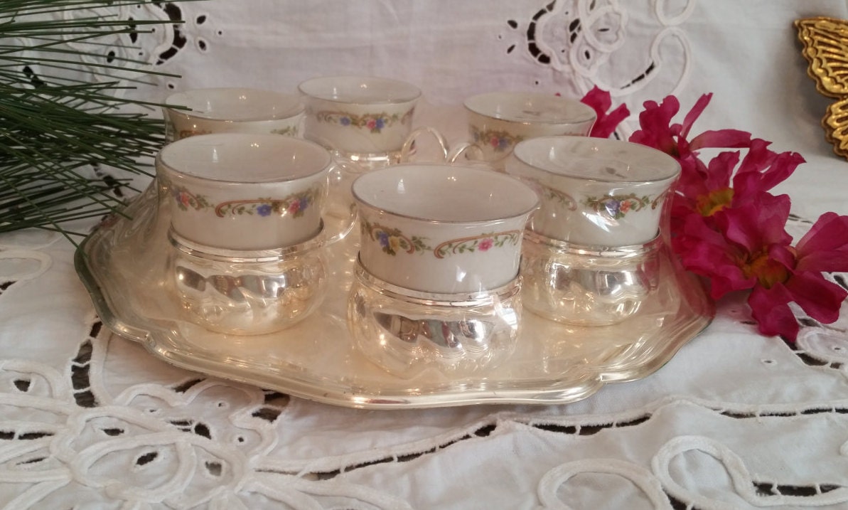 Vintage QUIST Silverplate Serving Tray and 6 Demitasse Cups with Floral ...