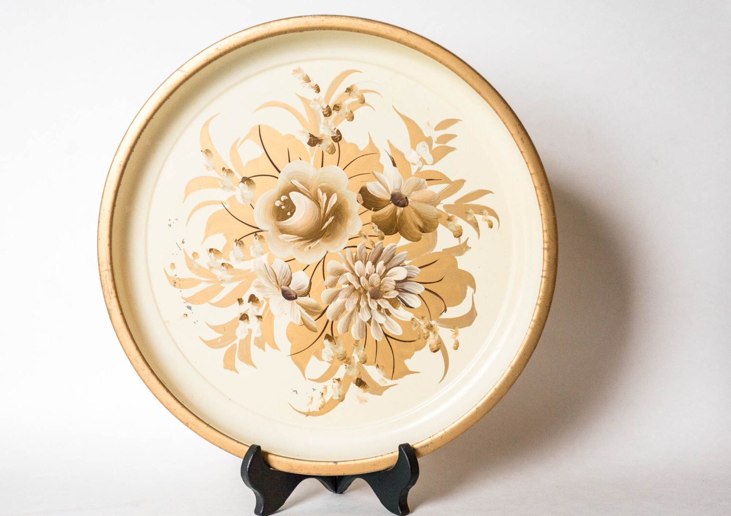 Vintage Hand Painted Gold Flowers Tray – Mid Century Round Floral ...