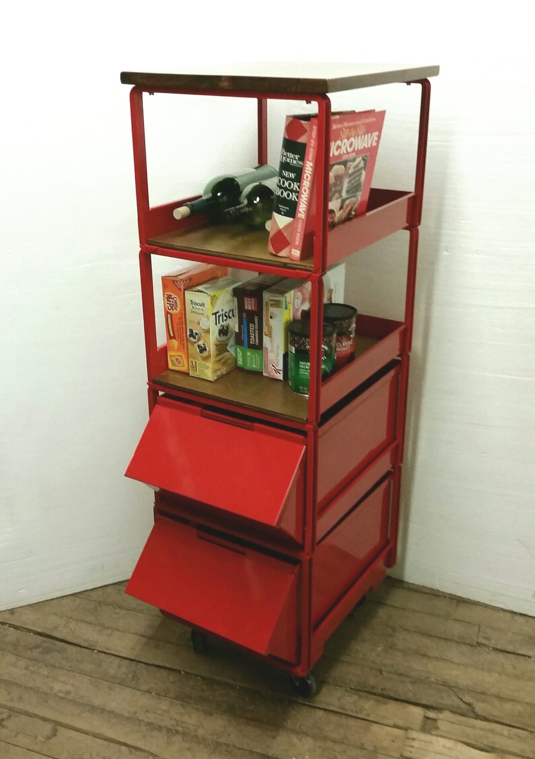 Metal Cart Organizer 2 Bins Red Industrial Shelving Refinished Cubby ...