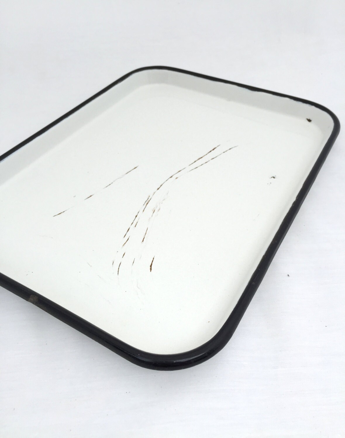Small White with Black Trim Enamel Tray; 12 X 9 Enamelware Tray; Enamel ...