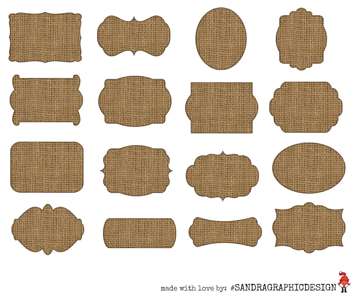 Label clip art: BURLAP TAGS with 16 burlap label