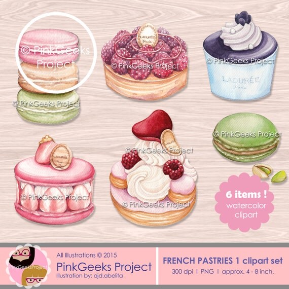 French Pastry Set 1 watercolor clipart. Illustration