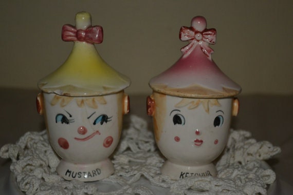 Vintage COMMODORE Mustard and Ketchup PIXIE Jars Pixieware w/spoons ...