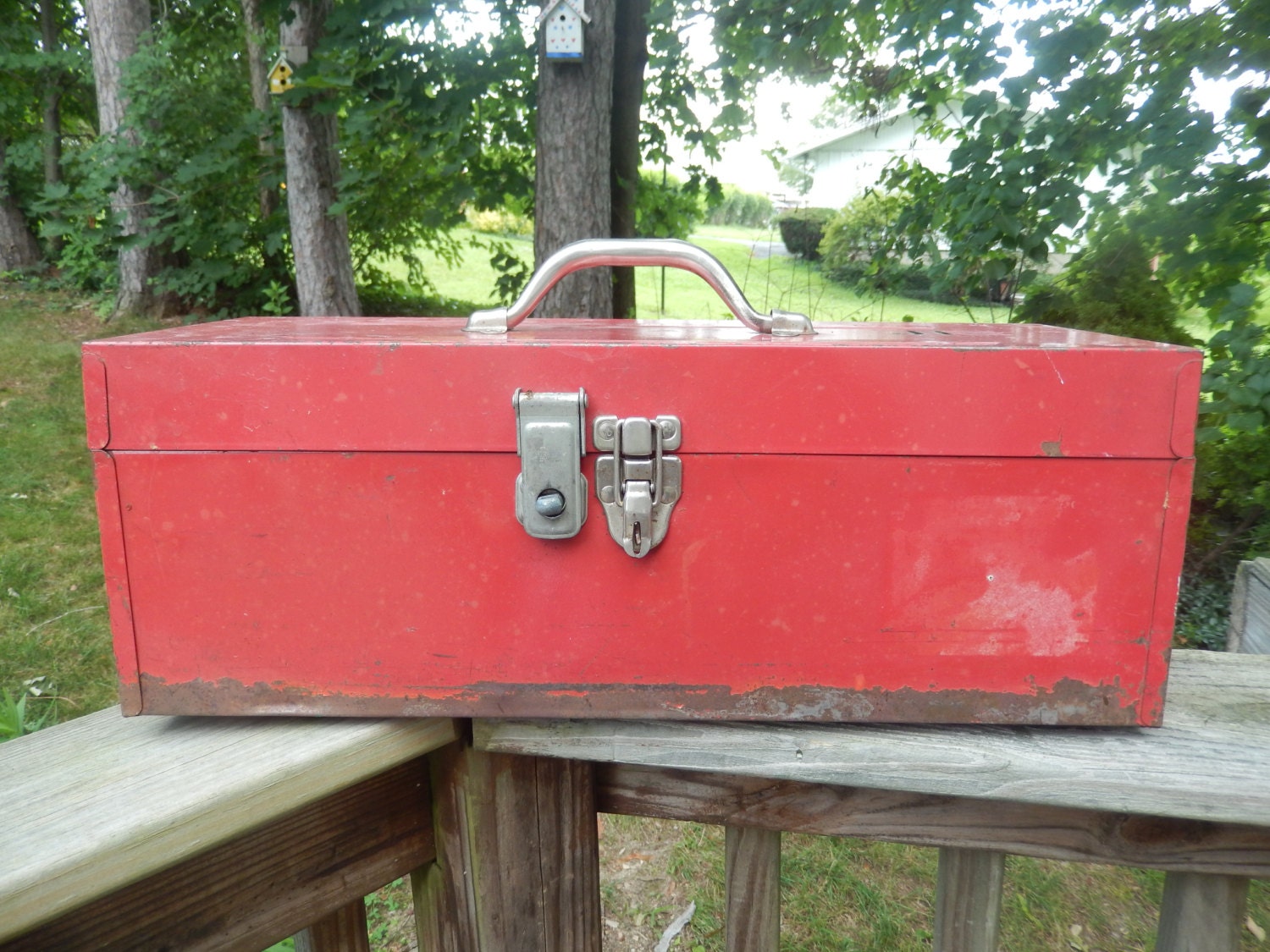 vintage metal box, red toolbox, industrial, distressed, storage, home ...