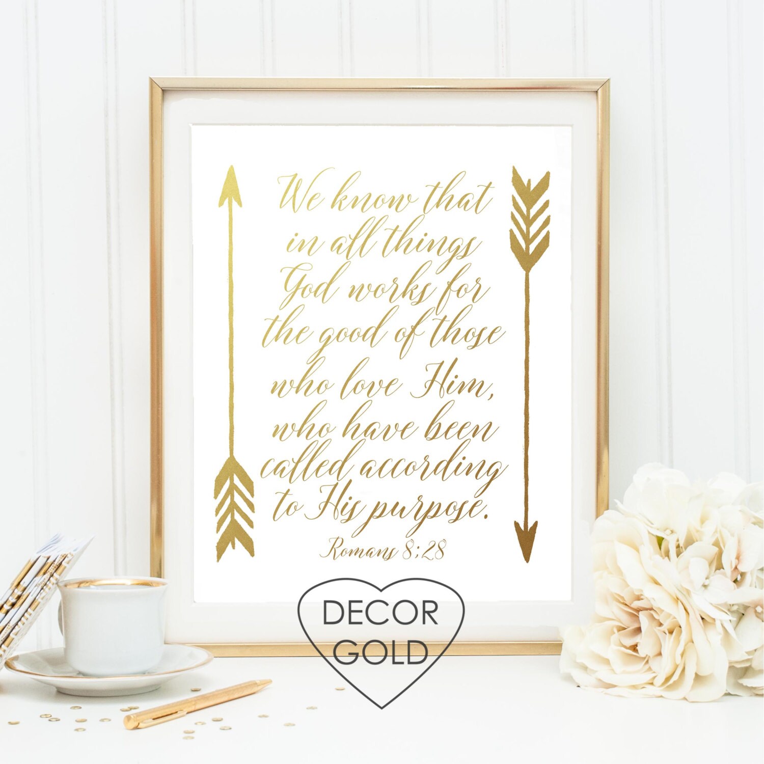 romans 8 28 Bible verse Gold foil print gold office decor gold
