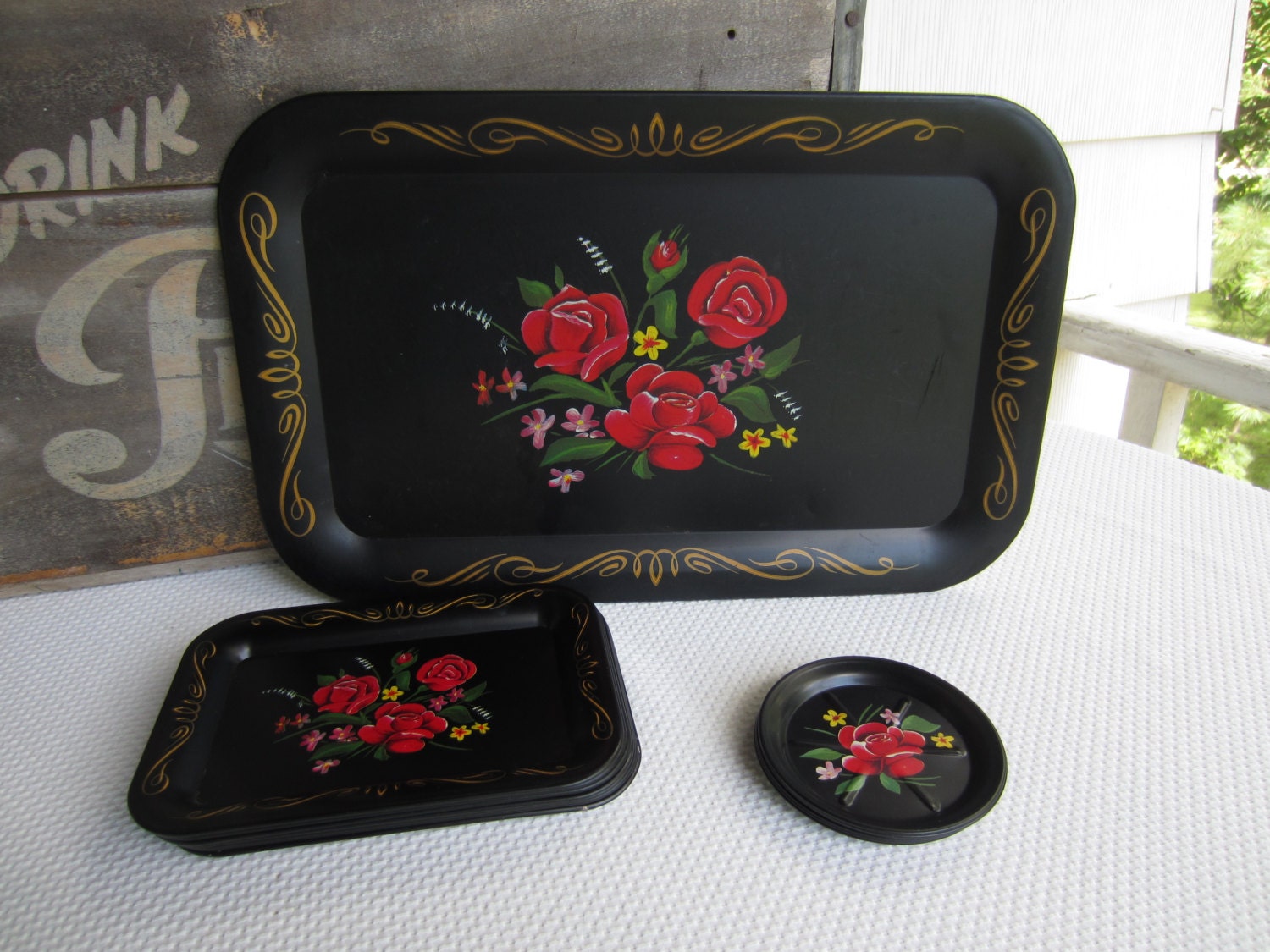 Vintage Metal Tray And Coaster Set Black Flower Design Haute Juice